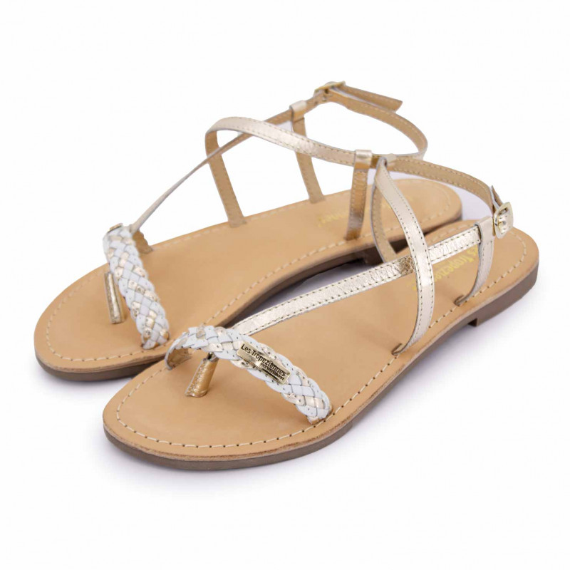 Sandales Diamore bride d'orteil lanière tressées cuir or-blanc t36-41